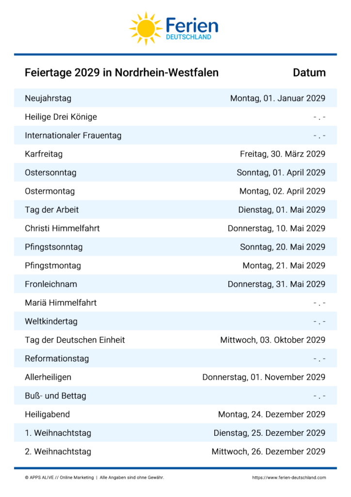 Feiertage NRW Nordrhein-Westfalen 2024, 2025, 2026, 2027, 2028, 2029 ...